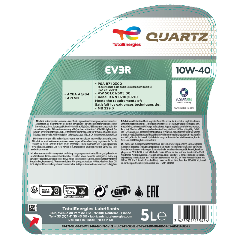 Quartz EV3R 10W-40 5L - Eboutique TotalEnergies